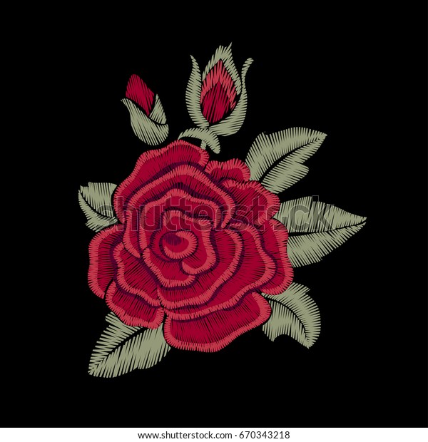 Red Rose Flower Embroidery Stock Vector (Royalty Free) 670343218