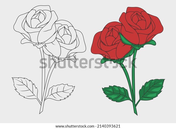 Red Rose Illustration Drawing Coloring Stock Vector (Royalty Free ...