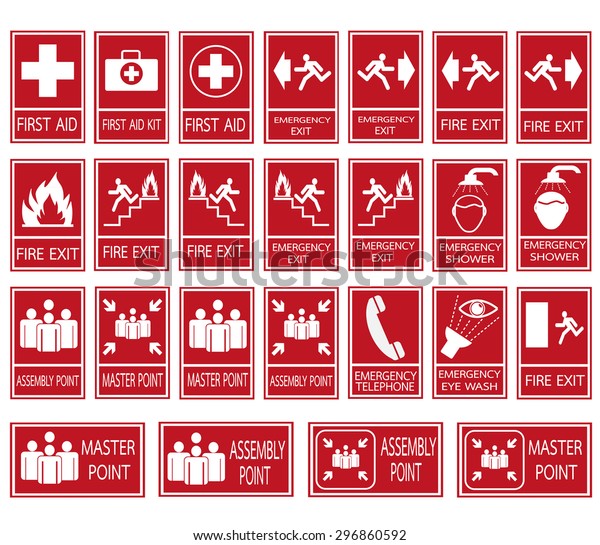 Red Safety Sign Vector Emergency Exit Stock Vector (Royalty Free) 296860592
