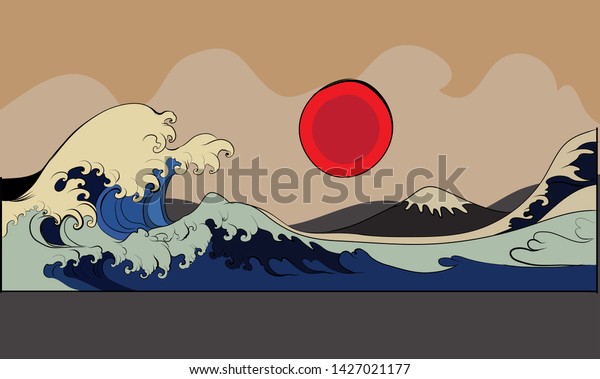 Red Sun Japanese Wave Cloud Backgroundwater Stock Vector (Royalty Free ...