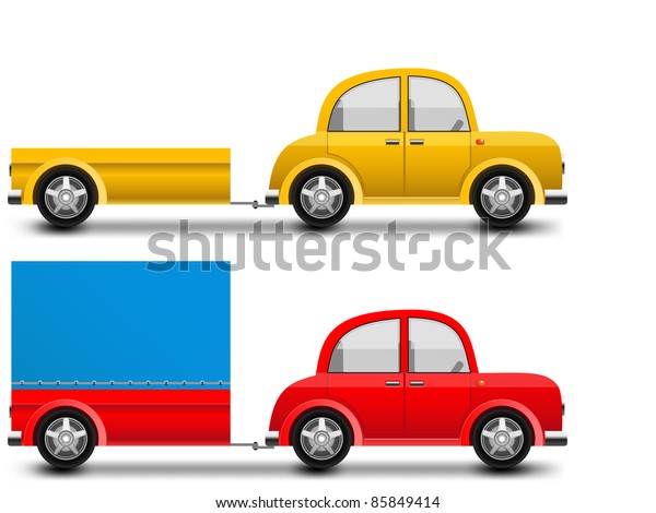 red and yellow car with trailer on a white