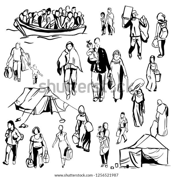Refugees Vector Sketch Illustration Stock-vektor (royaltyfri) 1256521987