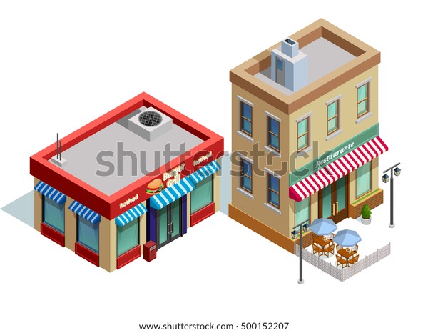 Restaurant Buildings Isometric Composition Fast Food: เวกเตอร์สต็อก ...