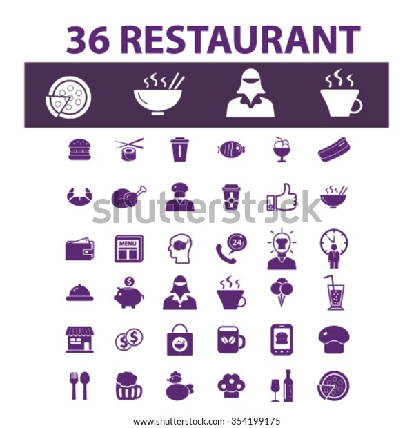 Restaurant concept icons: hotel services, menu, dining, pizza, bill ...
