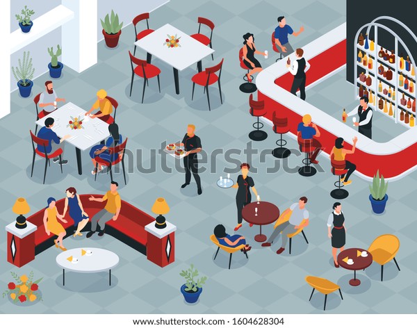 Restaurant Interior People Sitting Tables Waiters Stock Vector (Royalty ...