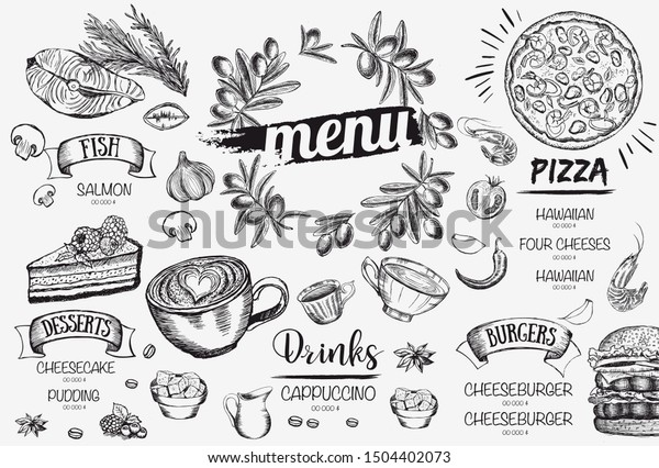 Restaurant Menu Design Hand Drawn Illustrations: vector de stock (libre ...