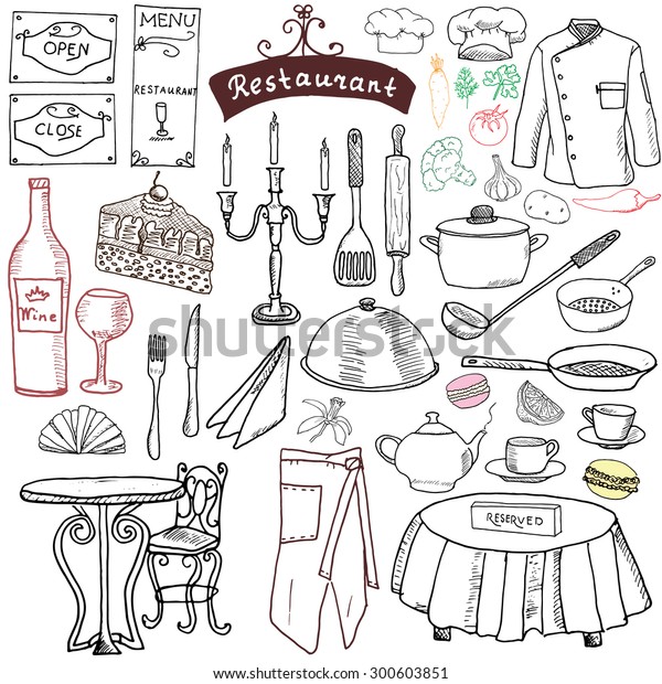 Restaurant Sketch Doodles Set Hand Drawn Stock Vector (Royalty Free ...