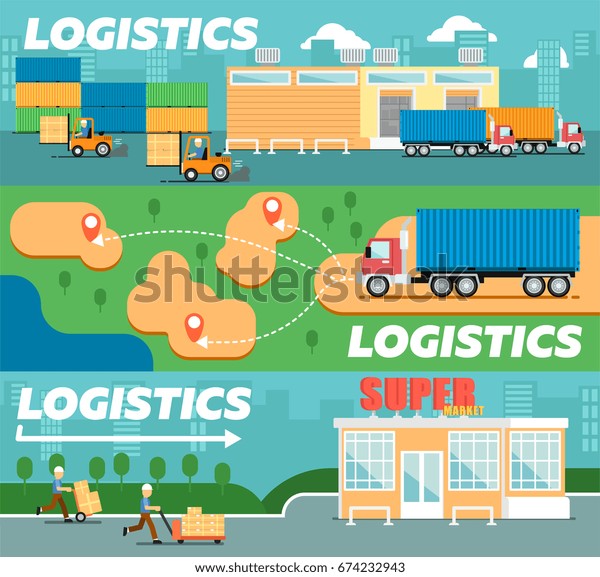 Retail logistics and distribution poster. Freight trucking service, warehousing and storage ...