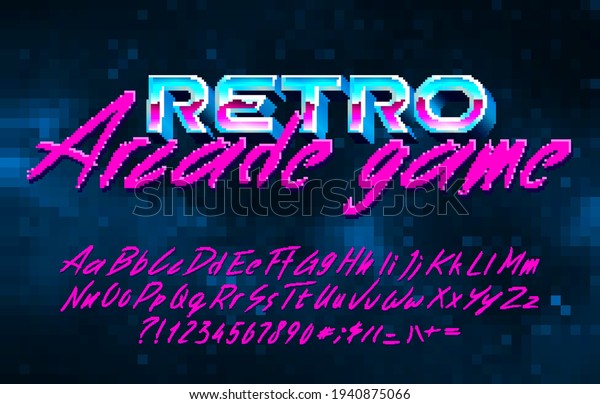 Tipo de letra del alfabeto del juego de arcada retro. Letras, números y ...