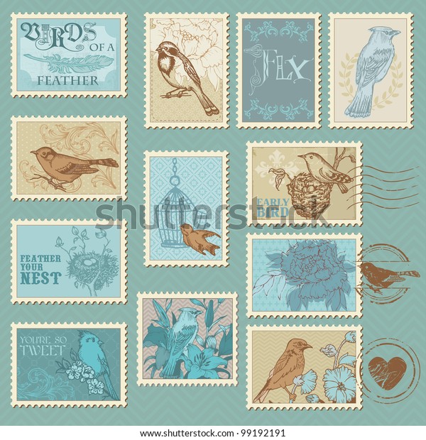 Retro Bird Postage Stamps - for design, invitation, congratulation ...