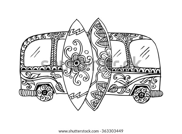 Retro Bus Surf Boards Zentangle Style Stock Vector (Royalty Free) 363303449