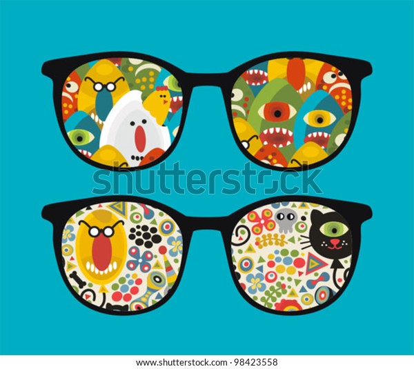 Retro eyeglasses with strange and ugly reflection in it. Vector ...