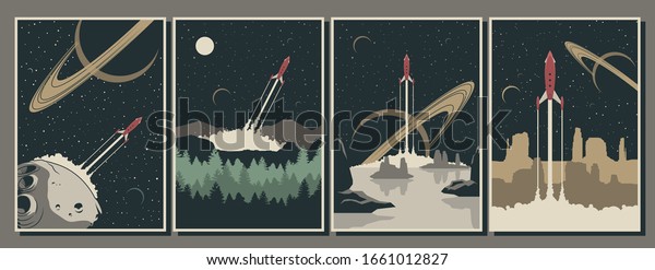 Retro Future Space Discoveries Poster Set Stock Vector (Royalty Free ...
