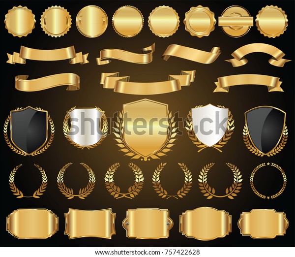 Retro Golden Ribbons Labels Vector Collection Stock Vector (Royalty ...