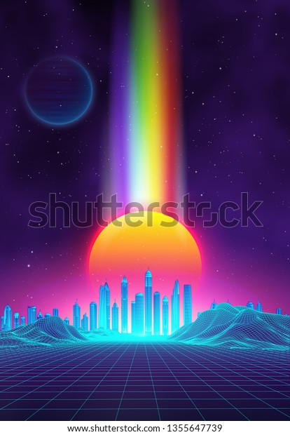 Paysage rétro, arrière-plan coucher de soleil, : image vectorielle de ...