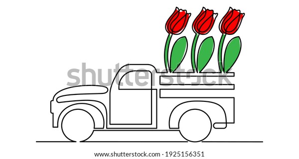 Retro Pickup Truck Tulips Continuous Line Stock Vector (Royalty Free ...