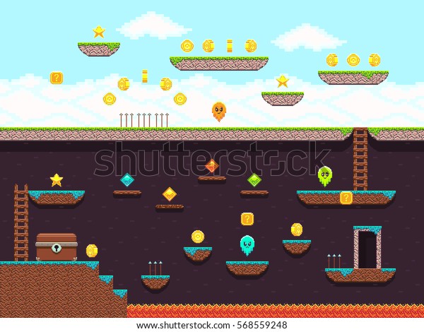 Retro platformer video game, vector gaming screen. Computer pixel game ...