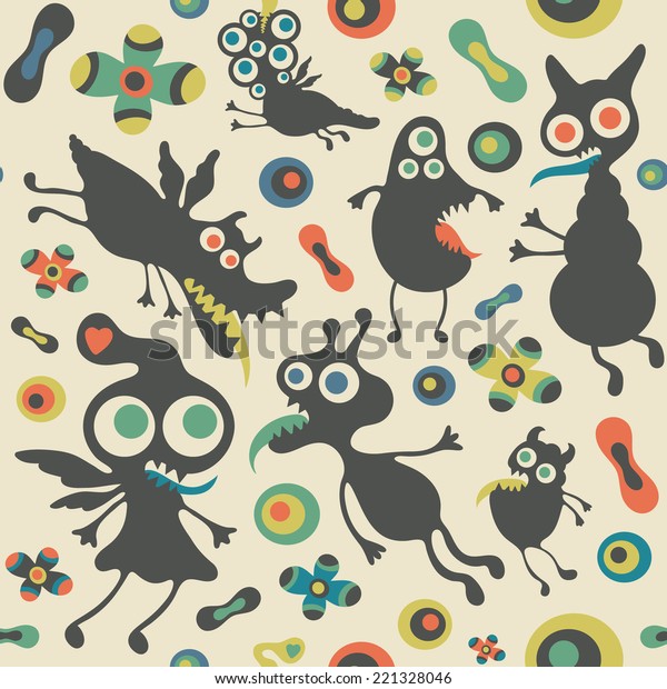 Retro Seamless Pattern Happy Monsters Stock Vector (Royalty Free ...
