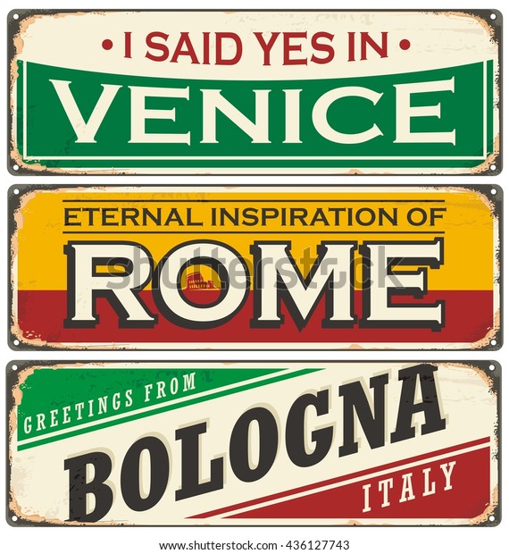 Retro Tin Sign Collection Cities Italy Stock Vector (Royalty Free ...