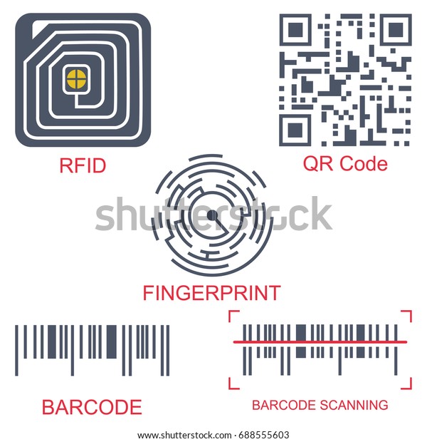 Rfid-Tag, qr-Code, Fingerabdruck und Strichcode-Vektorsymbol flach ...
