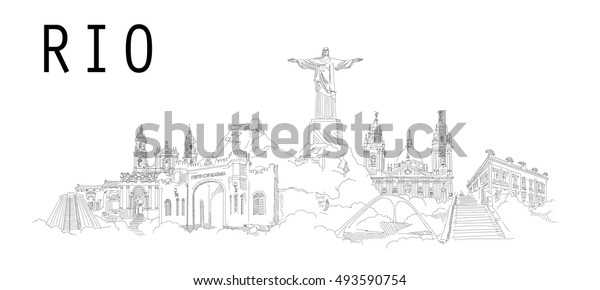 Rio City Vector Panoramic Hand Drawing Stock Vector (Royalty Free ...