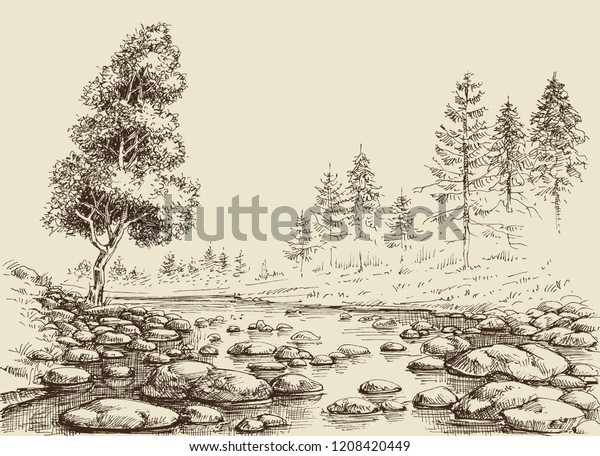 River Drawing Water Flow Rocks Nature Stock Vector (Royalty Free ...
