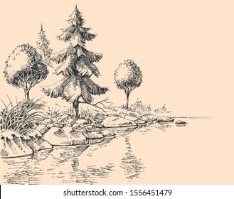 River Flow Hand Drawing River Bank Stock Vector (Royalty Free) 1556451479