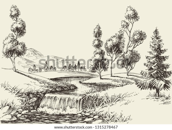 River Flow Landscape Hand Drawn Nature Stock Vector (Royalty Free ...