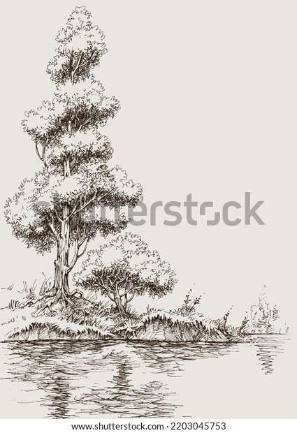 River Flow Nature Landscape Hand Drawing Stock Vector (Royalty Free ...