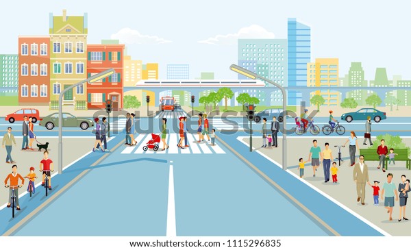 Road Junction Pedestrian Car Traffic Illustration Stock Vector (Royalty ...
