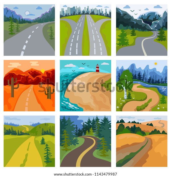 Road Landscape Vector Roadway Forest Cityscape Stock Vector (Royalty ...