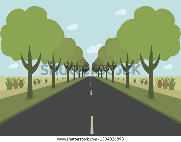 Road Trees Straight Vector Illustration Day Stock Vector (Royalty Free ...