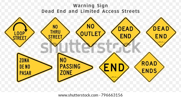 Road warning signs. Dead End, Loop Street, No Outlet, Limited Access ...