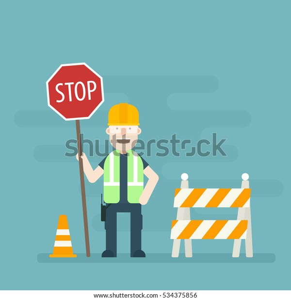 Road Worker Holding Stop Sign Flat Stock Vector (Royalty Free) 534375856