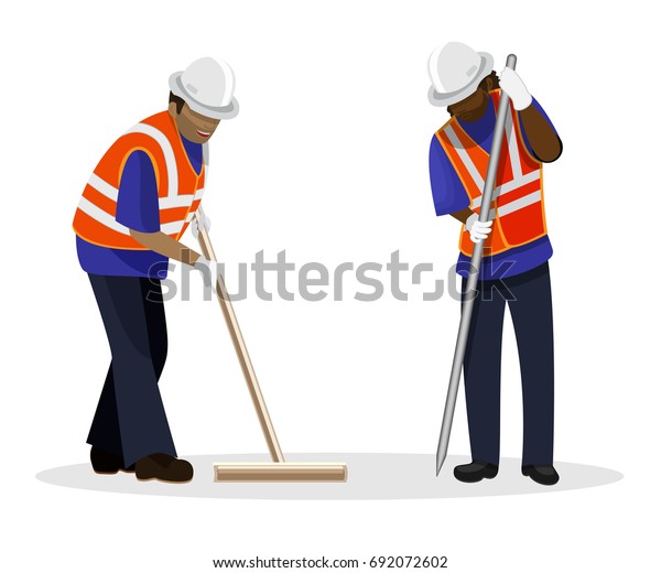 Road Workers Orange Uniform Safety Helmets Stock Vector (Royalty Free ...
