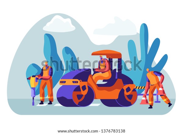 Roadwork Asphalt Paving Men Overall Characters Stock Vector (Royalty ...
