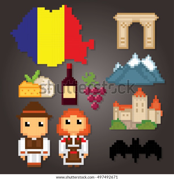 Romania Icon Set Pixel Art Old: vector de stock (libre de regalías ...