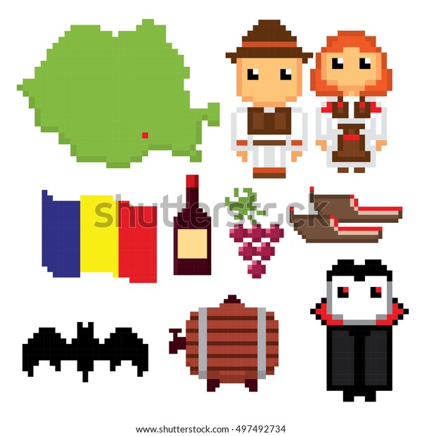 Romania Icon Set Pixel Art Old: vector de stock (libre de regalías ...