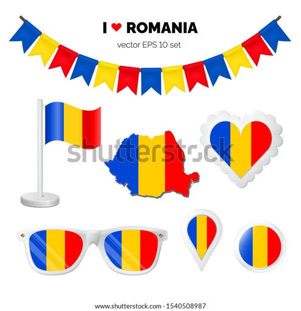 Romania symbols attributes. Heart, flags, glasses, buttons and garlands ...