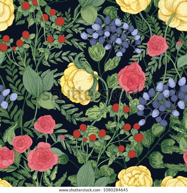 Romantic Natural Seamless Pattern Garden Blooming Stock Vector (Royalty ...