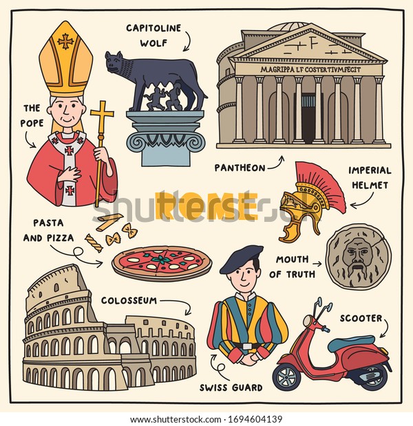 Rome Hand Drawn Illustration Different Landmarks Stock Vector (Royalty ...