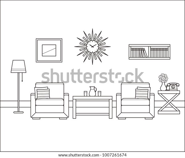 Room Interior Line Art Retro Living Stock Vector (Royalty Free ...