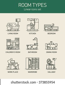 Room Types Home Interior Linear Icons Stock Vector (Royalty Free ...