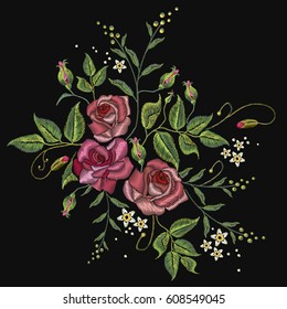 Roses Embroidery On Black Background Classic Stock Vector (Royalty Free ...