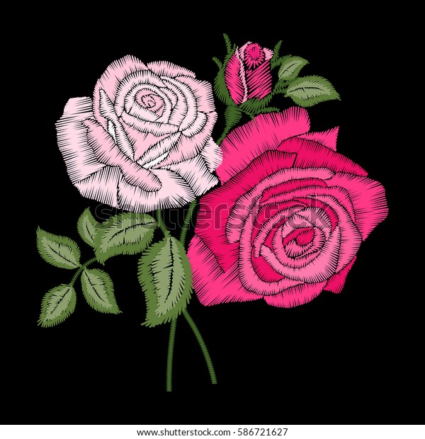 Roses Embroidery On Black Background Satin Stock Vector (Royalty Free ...