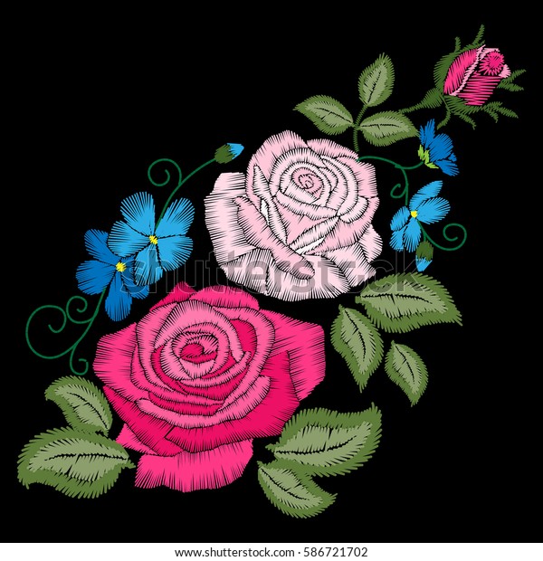 Roses Embroidery On Black Background Satin Stock Vector (Royalty Free ...