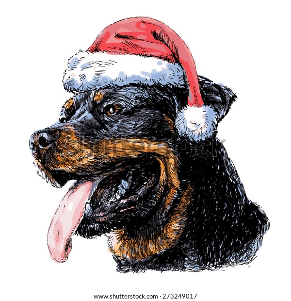 Rottweiler Santa Claus Hat Hand Drawn Stock Vector (Royalty Free ...