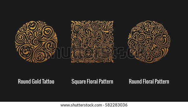 Round Calligraphic Royal Gold Emblem Set Stock Vector (Royalty Free ...