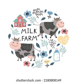 Round Emblem Cute Cartoon Cows Agricultural Stock Vector (Royalty Free ...