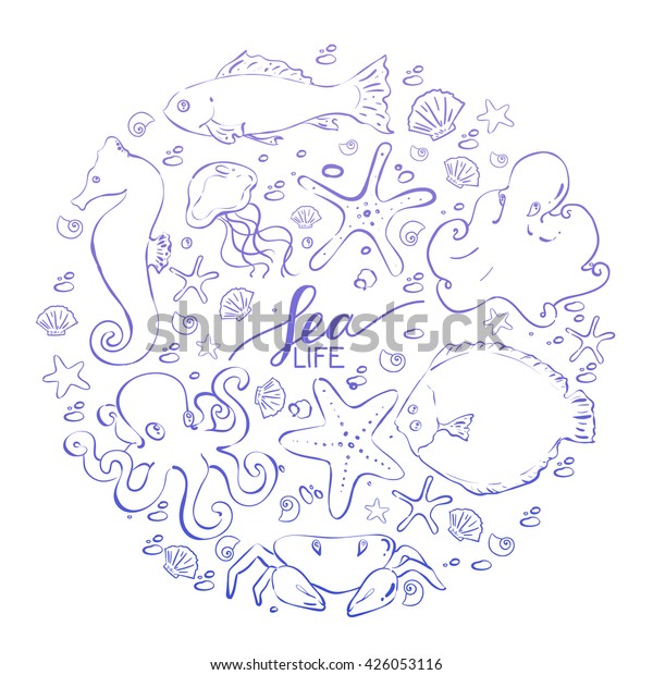 Round Illustration Different Sea Creatures Hand Stock Vector (Royalty ...